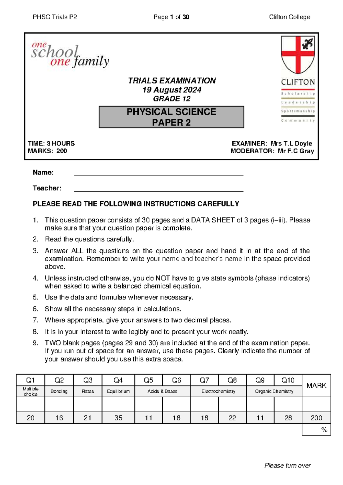 Clifton College G12 PHSC Trials Exam Paper 2 - August 2024 - Studocu