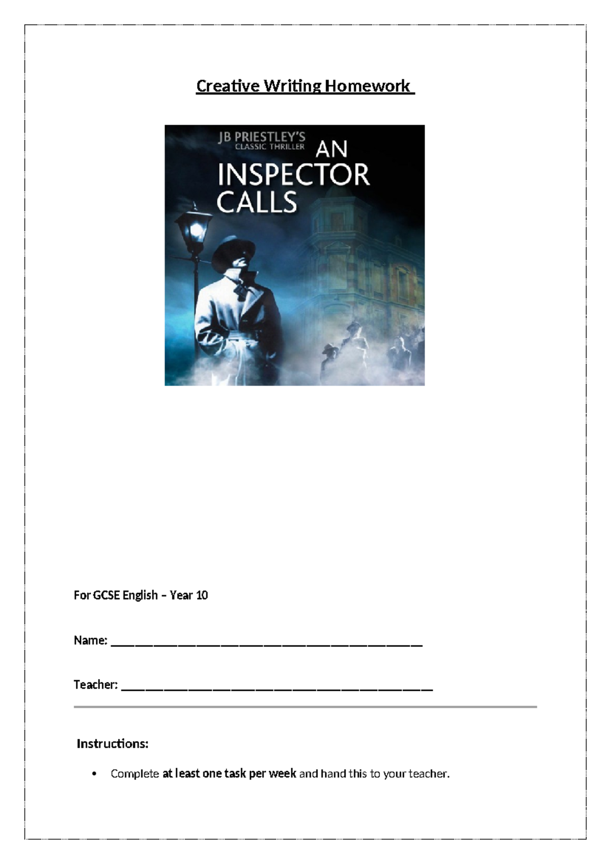 GCSE English Year 10 Creative Writing Homework Tasks - Studocu