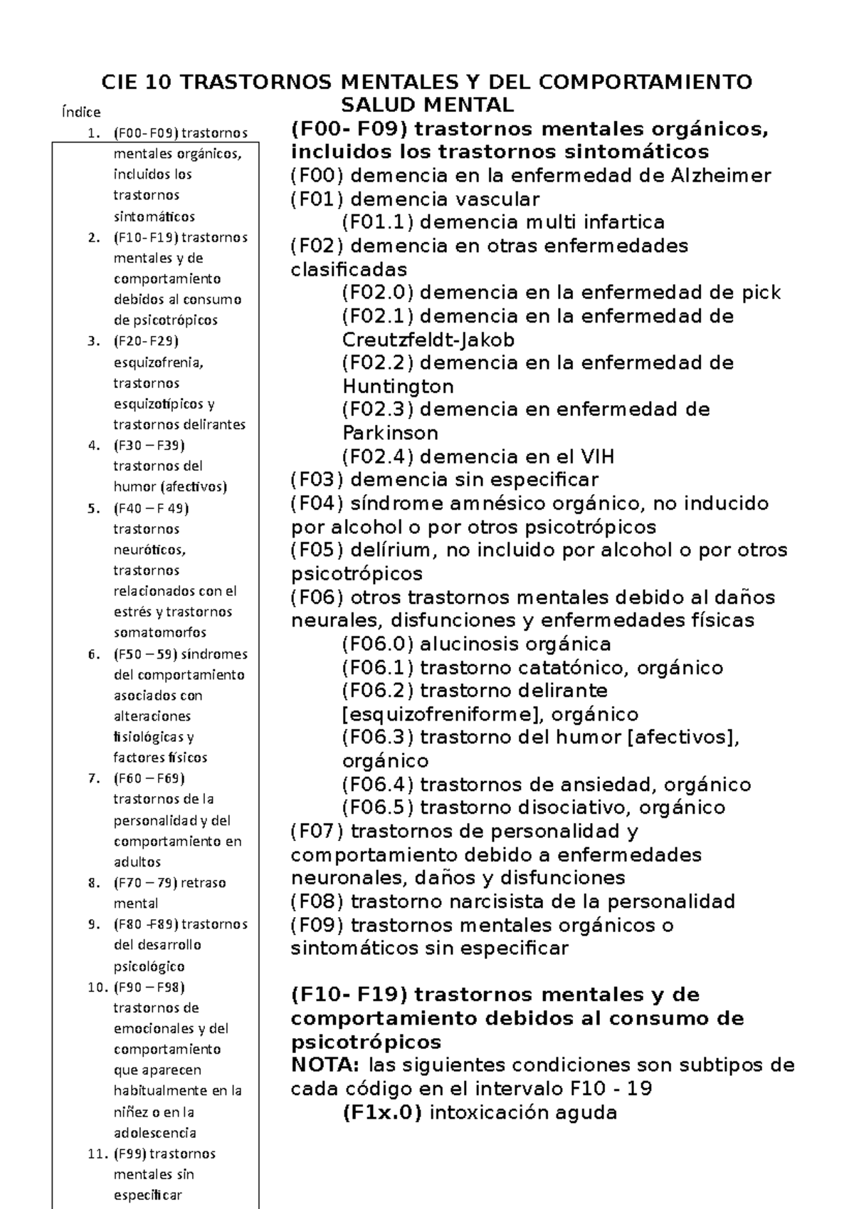 CIE 10 Trastornos mentales y del comportamiento - CIE 10 TRASTORNOS MENTALES Y DEL ...