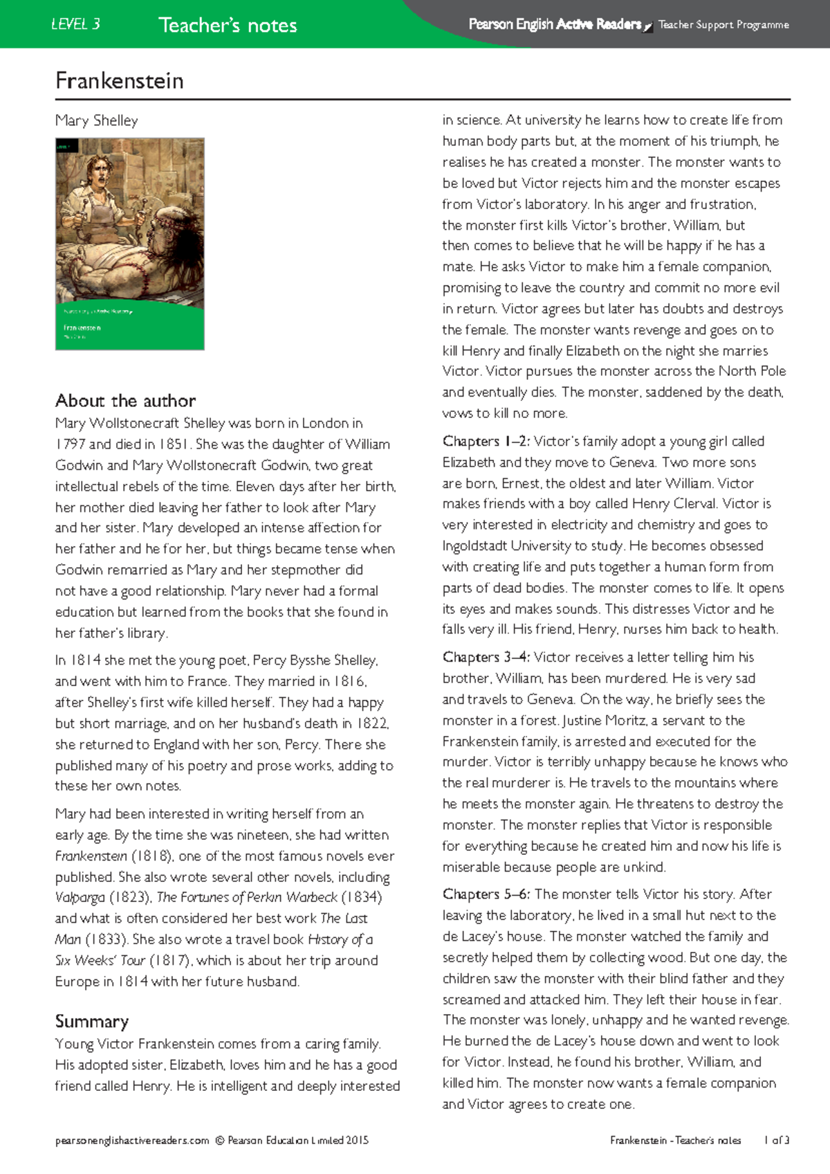 Frankenstein - Teacher Notes (Level 3) - SSSG Reader Insights - Studocu