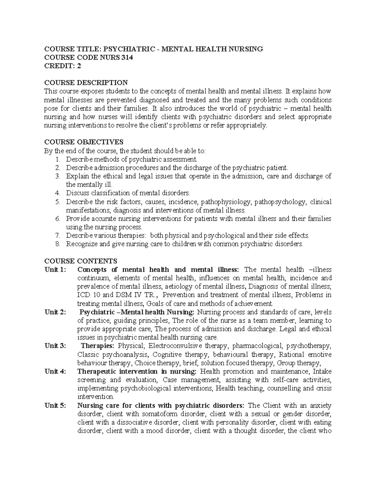 NURS 314 Course Outline: Psychiatric Mental Health Nursing - Studocu