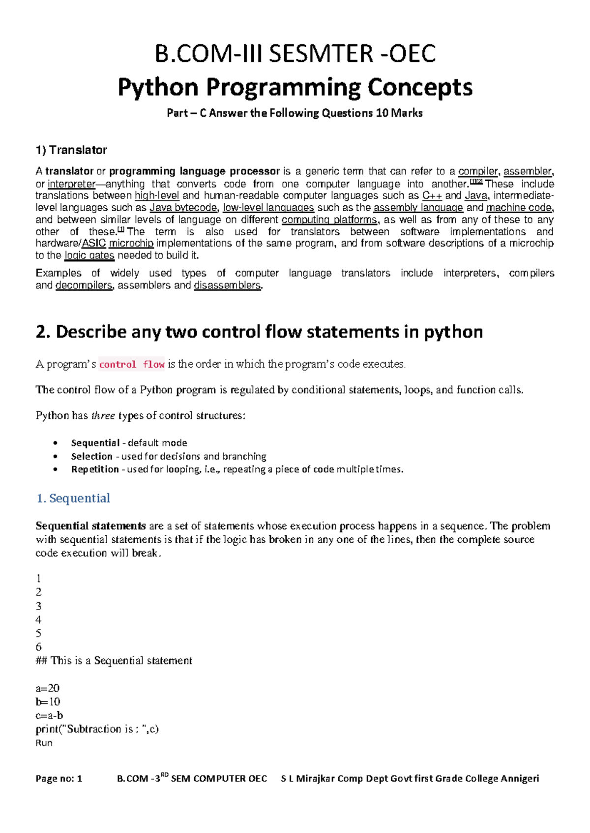 B.COM SEM COMPUTER OEC Python Programming Concepts Part C Answers - Studocu