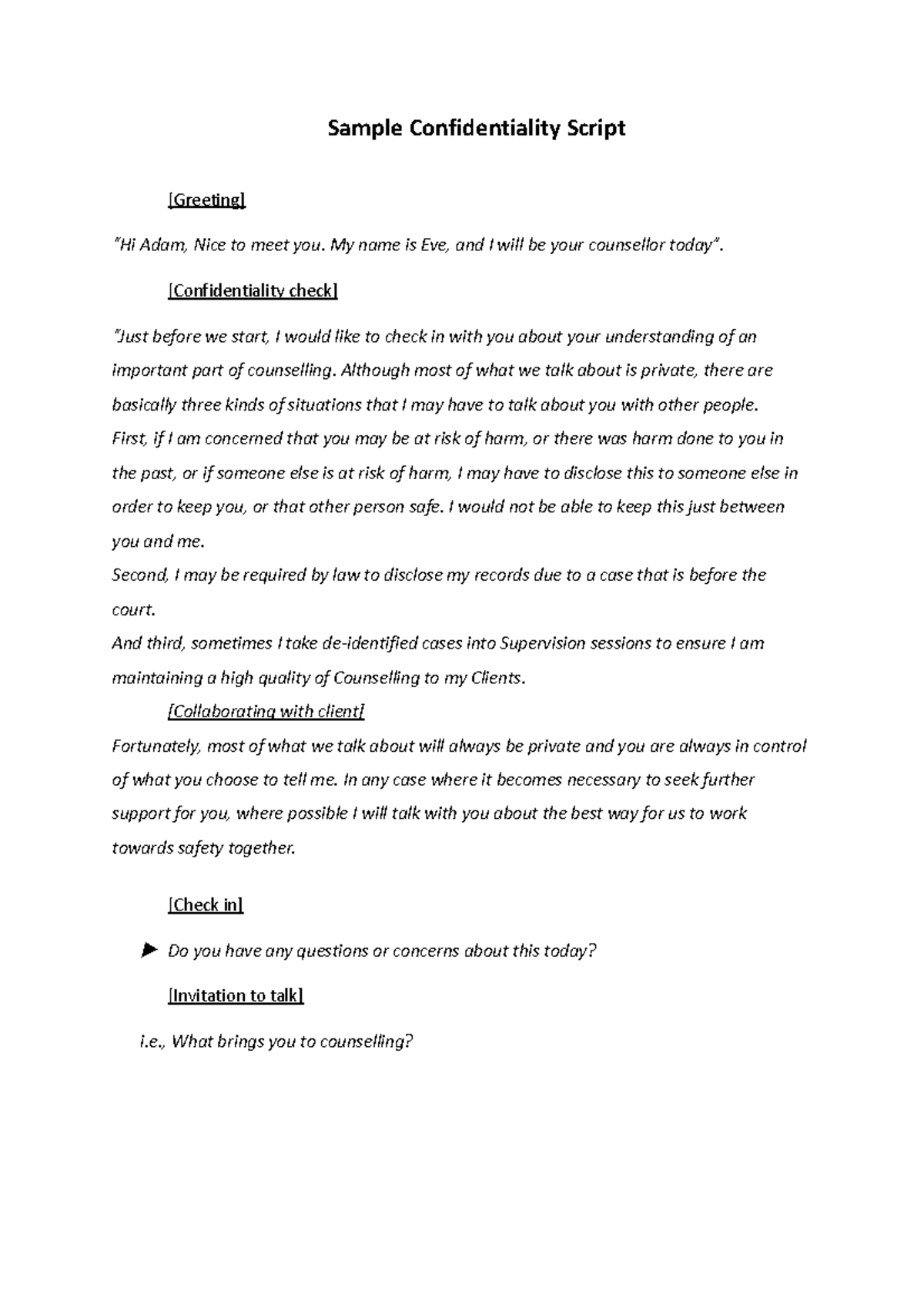 Sample Confidentiality Script for Counselling Sessions - Studocu