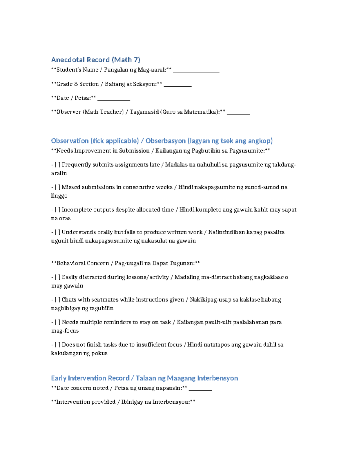 Anecdotal Record Template (Math 7) for Student Assessment - Studocu