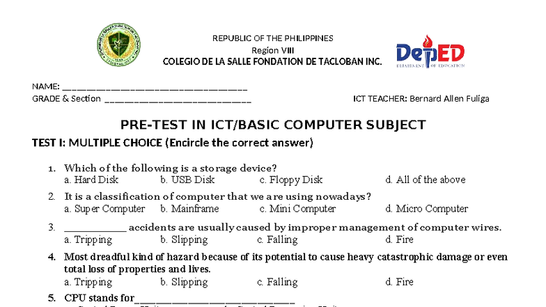 PRE TEST IN ICT: Basic Computer Concepts and Skills - Studocu