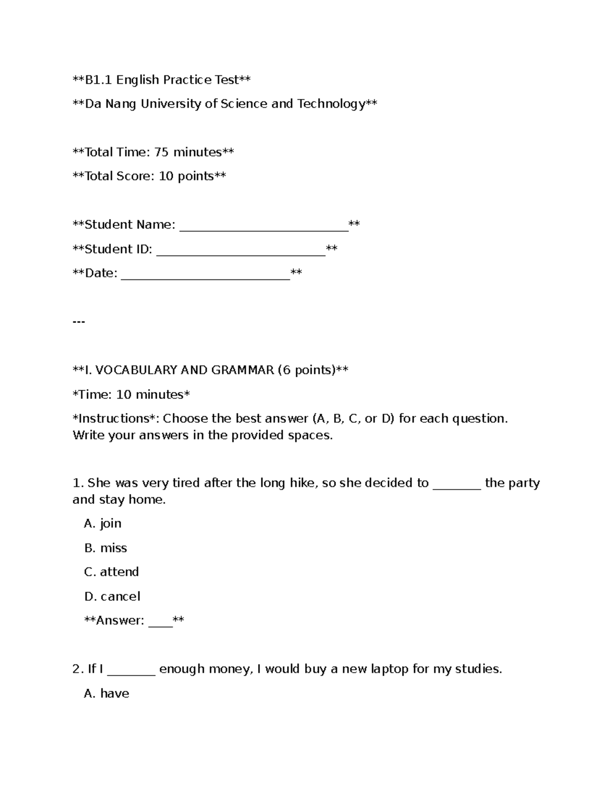 English Practice: Vocabulary and Grammar Quiz (ENG 101) - Studocu