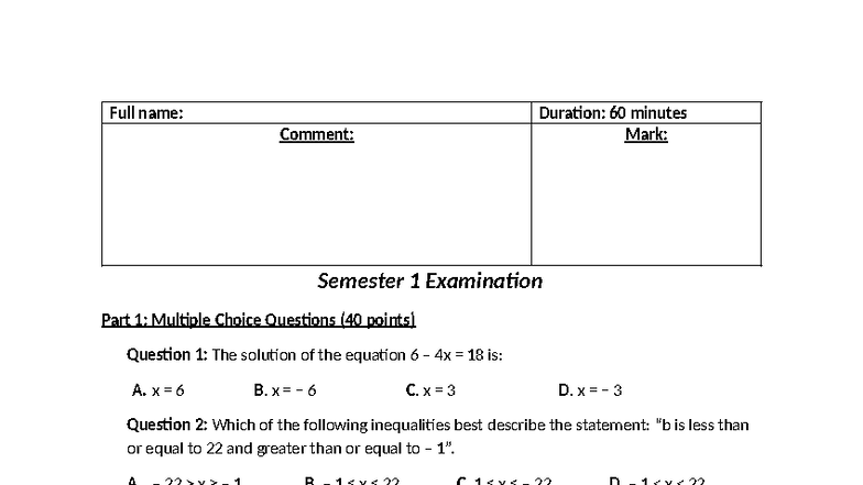 Semester 1 Final Exam: Multiple Choice Questions & Calculations - Studocu