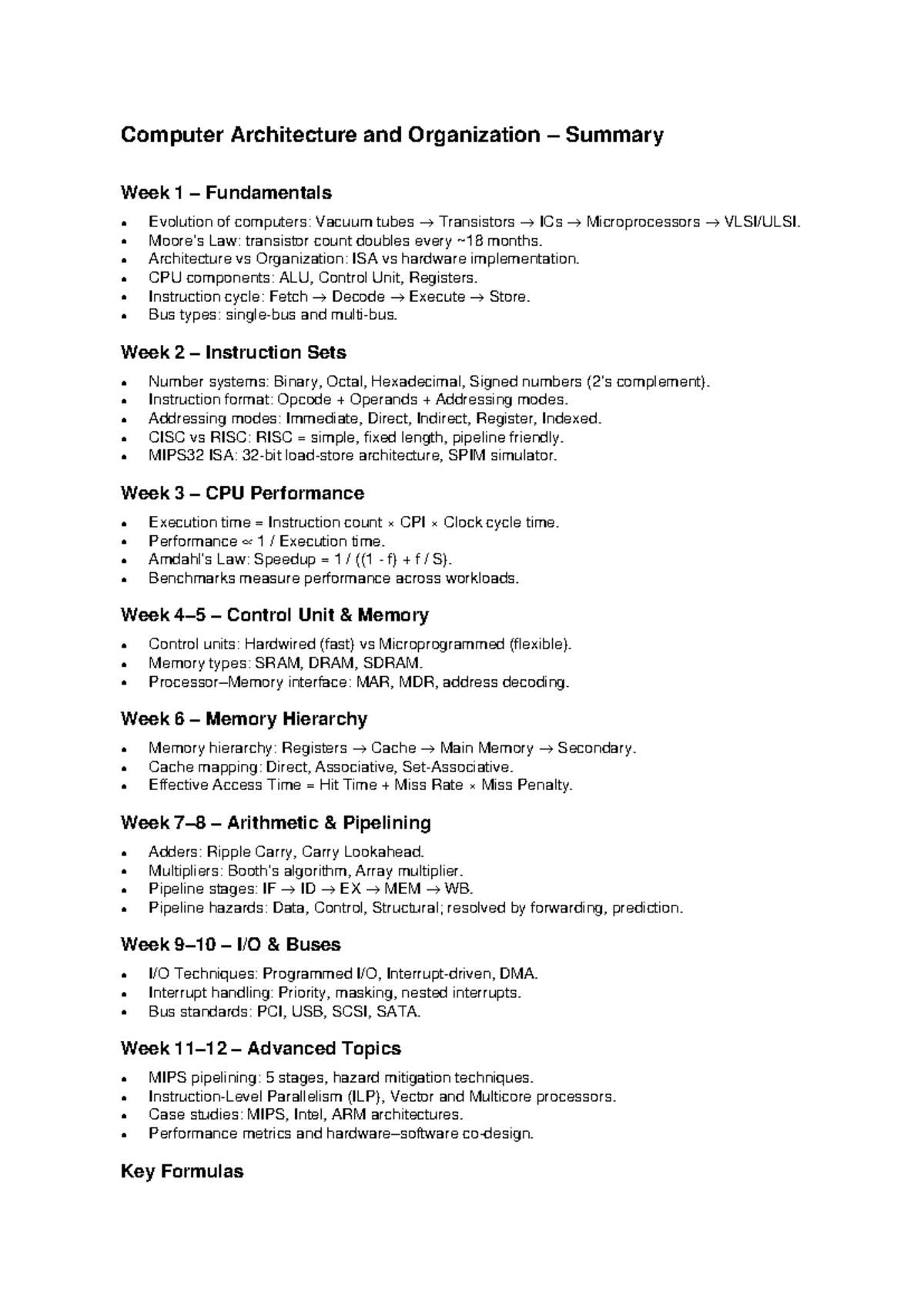 Computer Architecture and Organization Summary: Weeks 1-6 Overview ...