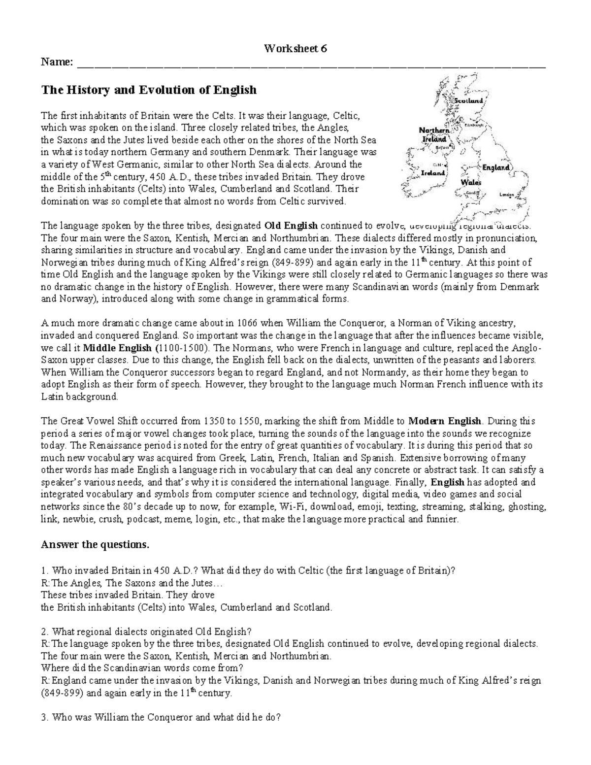 ENG 101 - Worksheet 6: The History and Evolution of English - Studocu