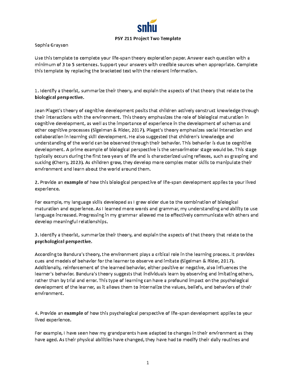 PSY 211 Project Two: Life-Span Theory Exploration Template - Studocu
