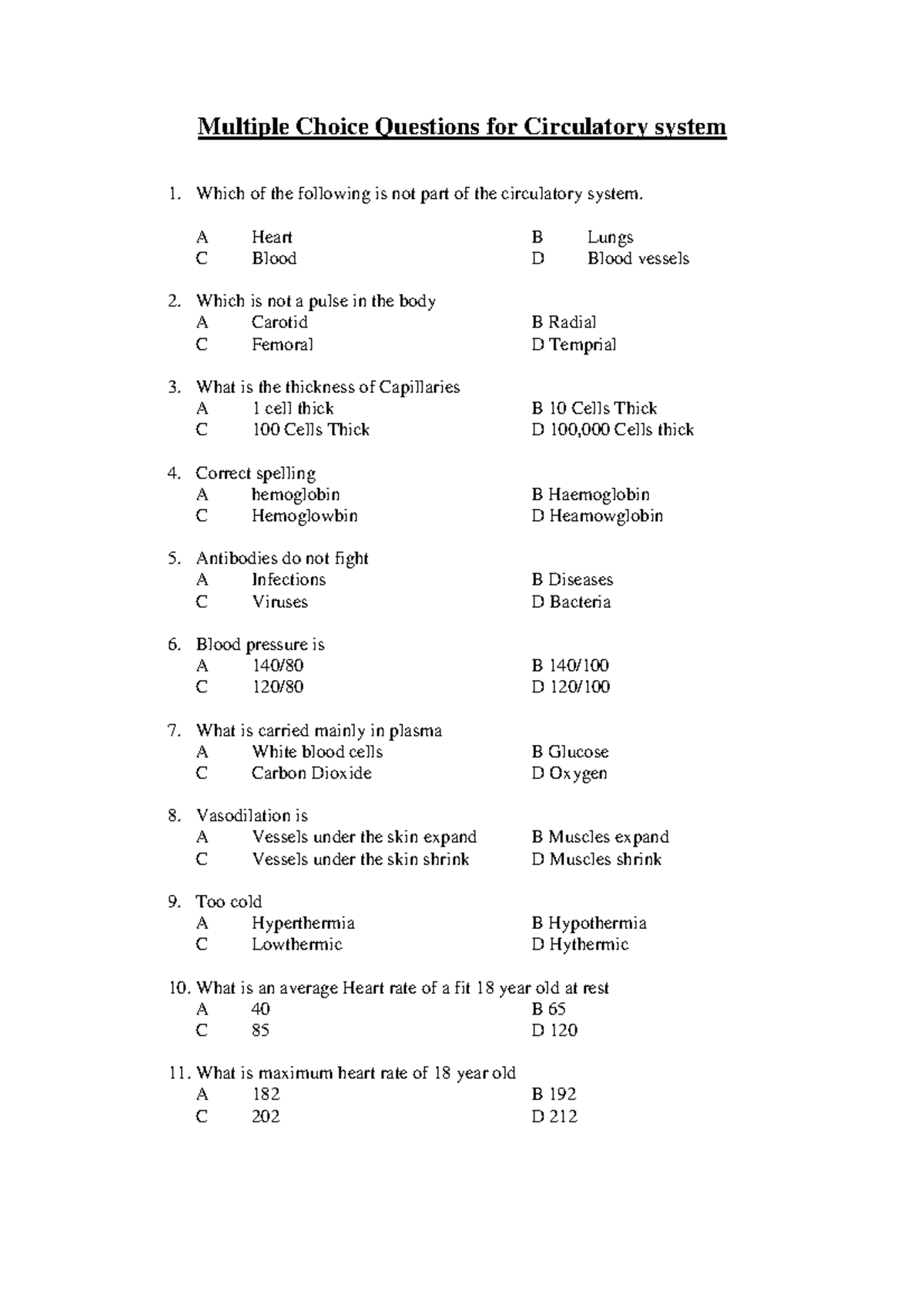 MCQs on Circulatory System - Study Guide for Biology 101 - Studocu