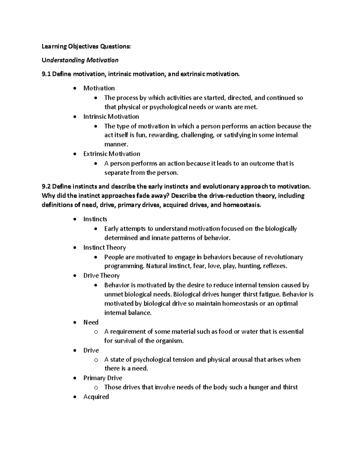 Psy 110 Chapter 9 Learning Objectives: Understanding Motivation and ...