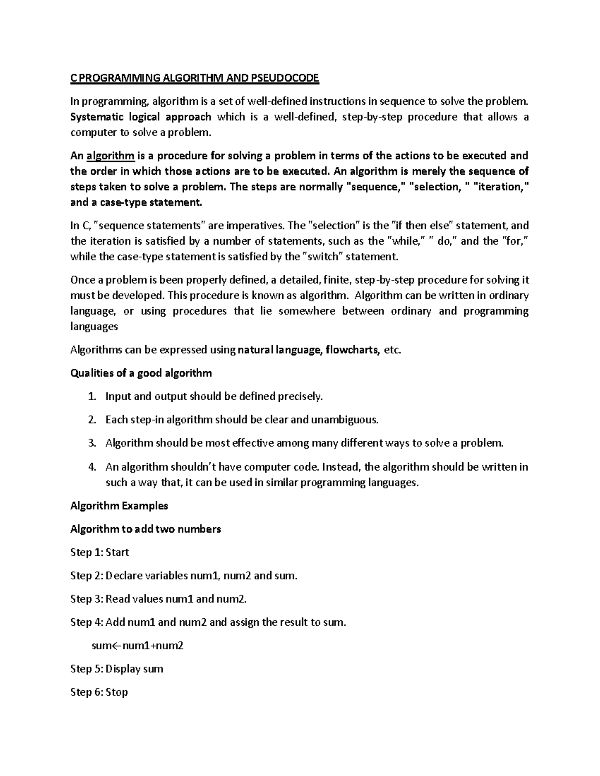 C Programming: Lecture 1 on Algorithms & Pseudocode - Studocu