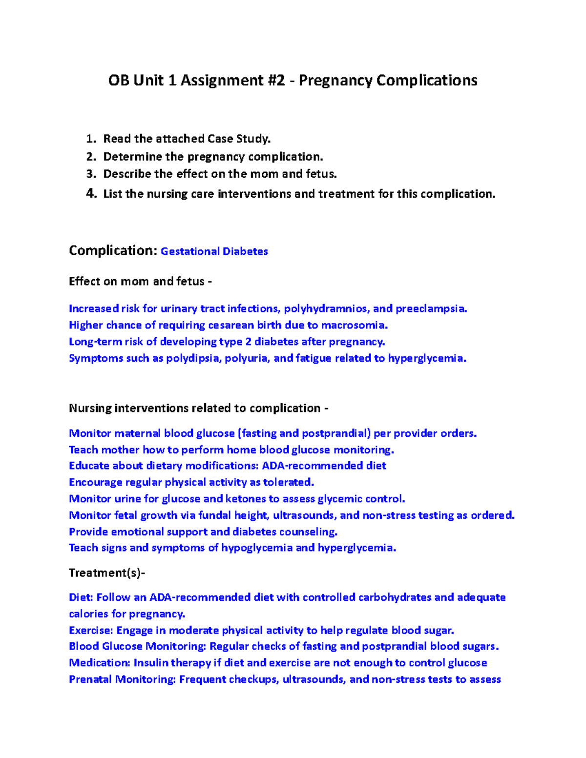 OB Unit 1 Assignment #2 - Gestational Diabetes Complications and Care ...