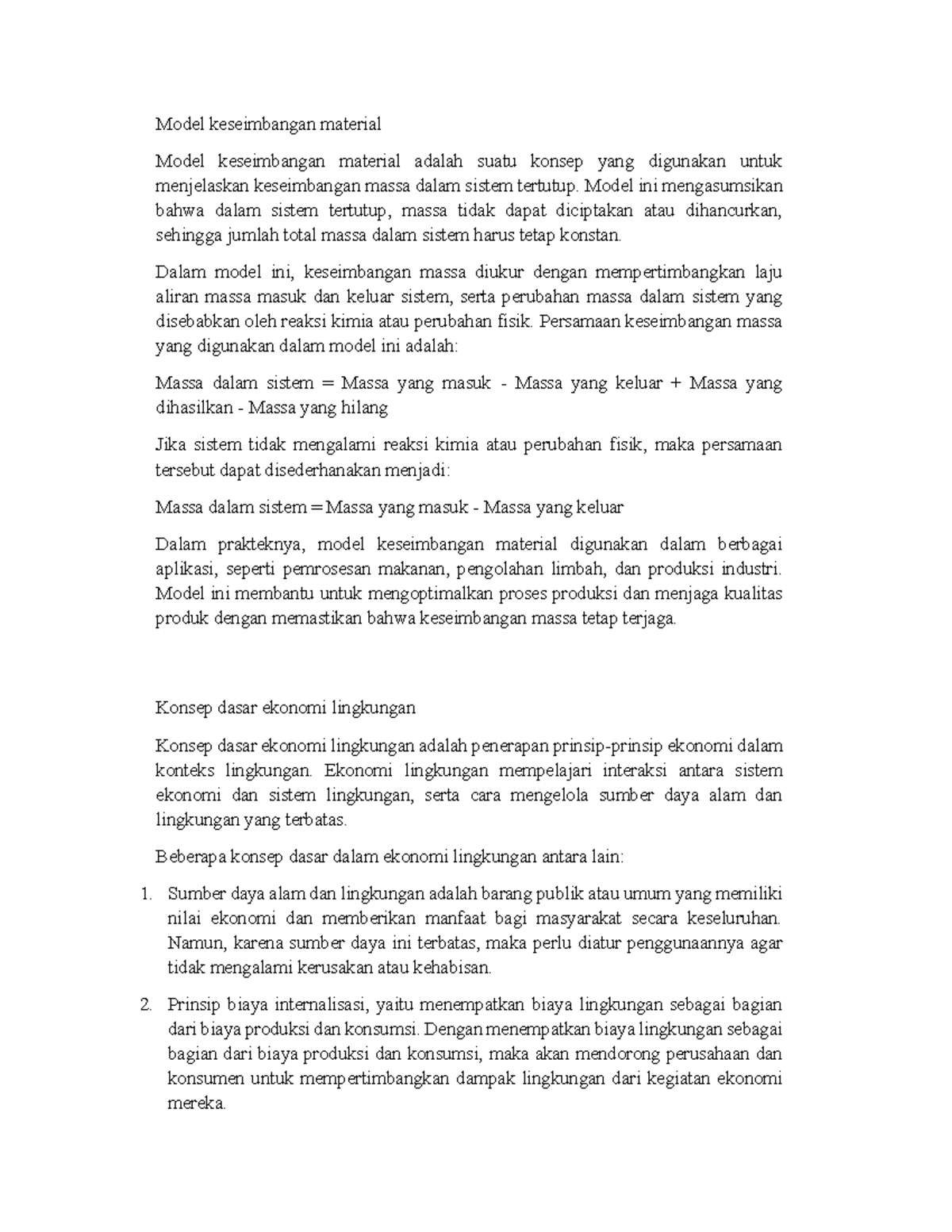 Model Keseimbangan Material dan Ekonomi Lingkungan: Konsep Dasar - Studocu