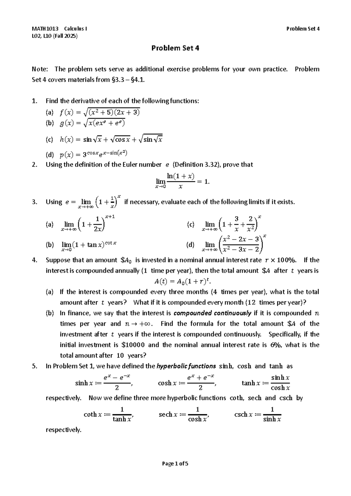 MATH1013 Calculus I L02, L10 (Fall 2025) Problem Set 4 Solutions - Studocu