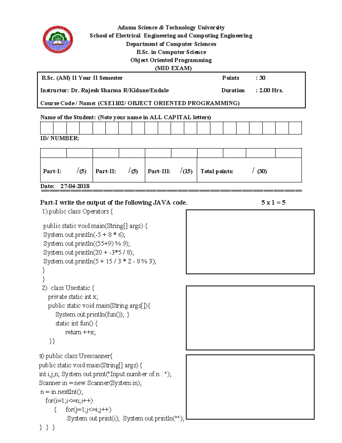 CSE1102 Mid Exam - Object Oriented Programming @ Adama University - Studocu