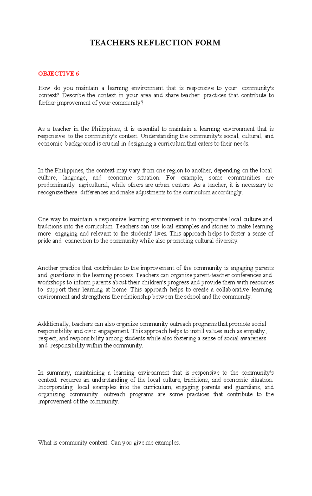 TRF Objectives 6-9: Reflection on Teaching Practices and Community ...