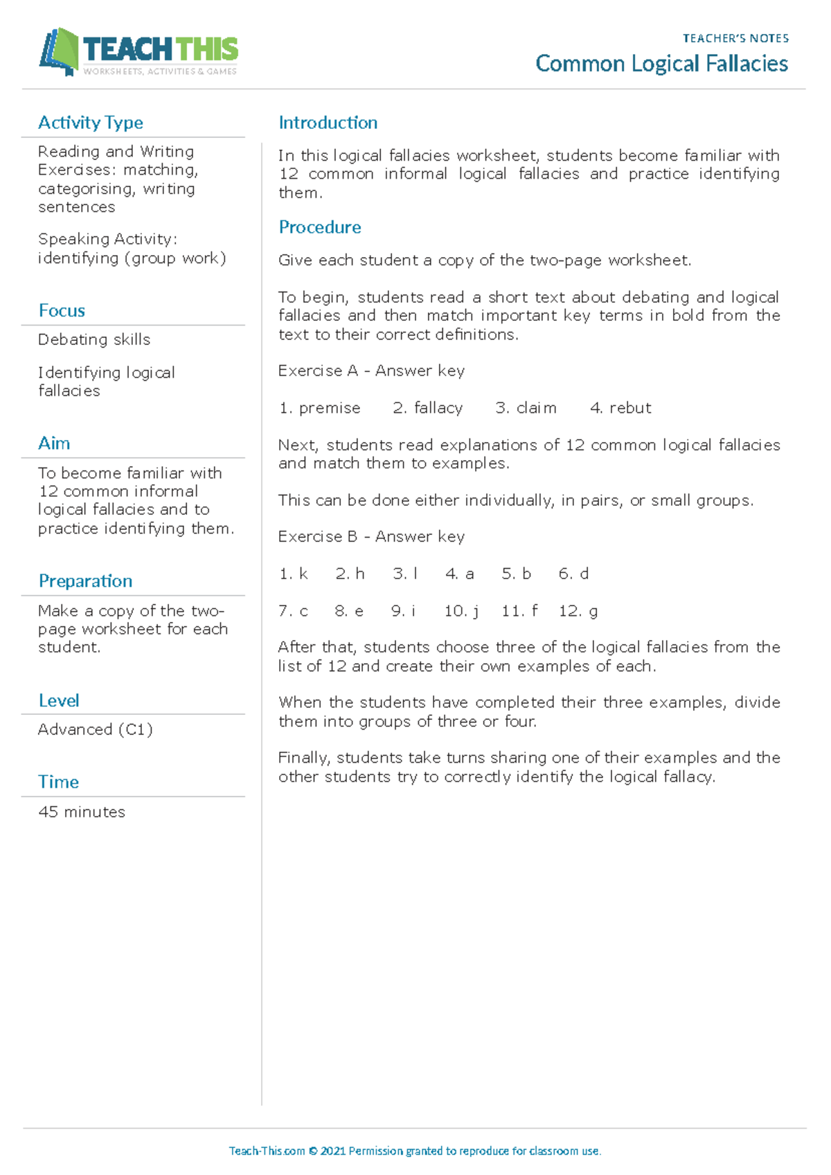 Common Logical Fallacies: Worksheets & Activities for Debate (C1) - Studocu