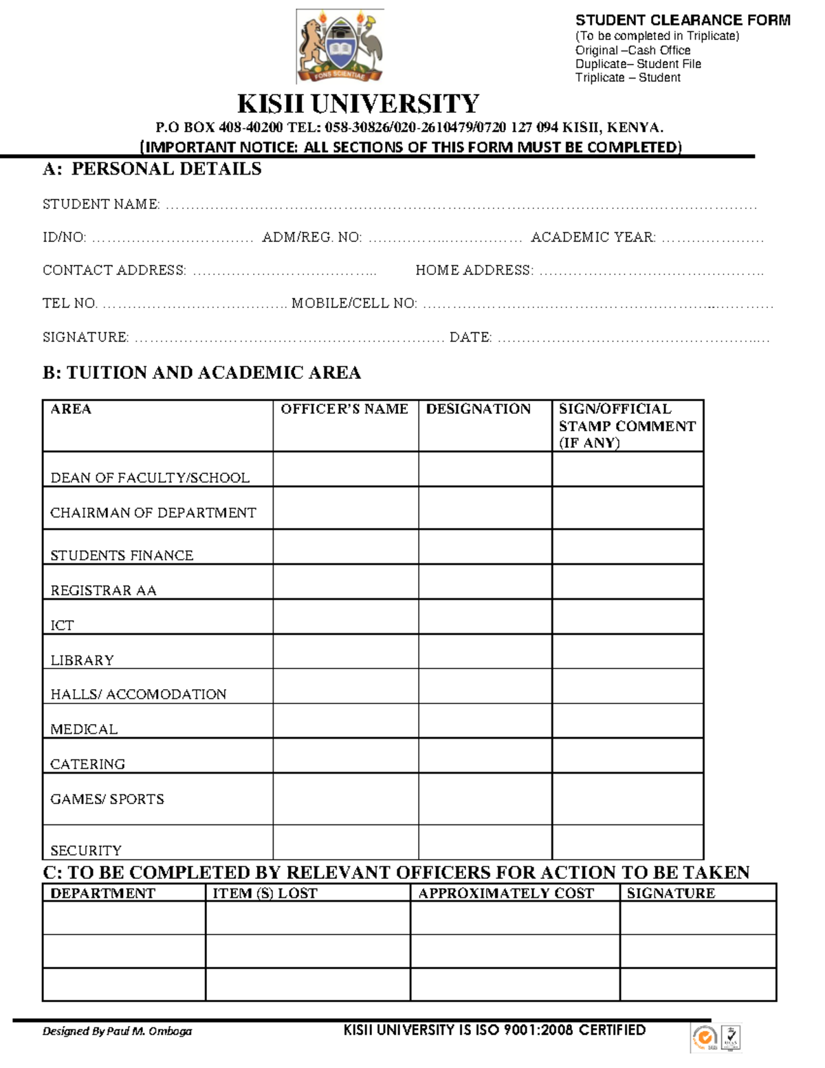 KISII UNIVERSITY Student Clearance Form - Complete Instructions & Requirements - Studocu