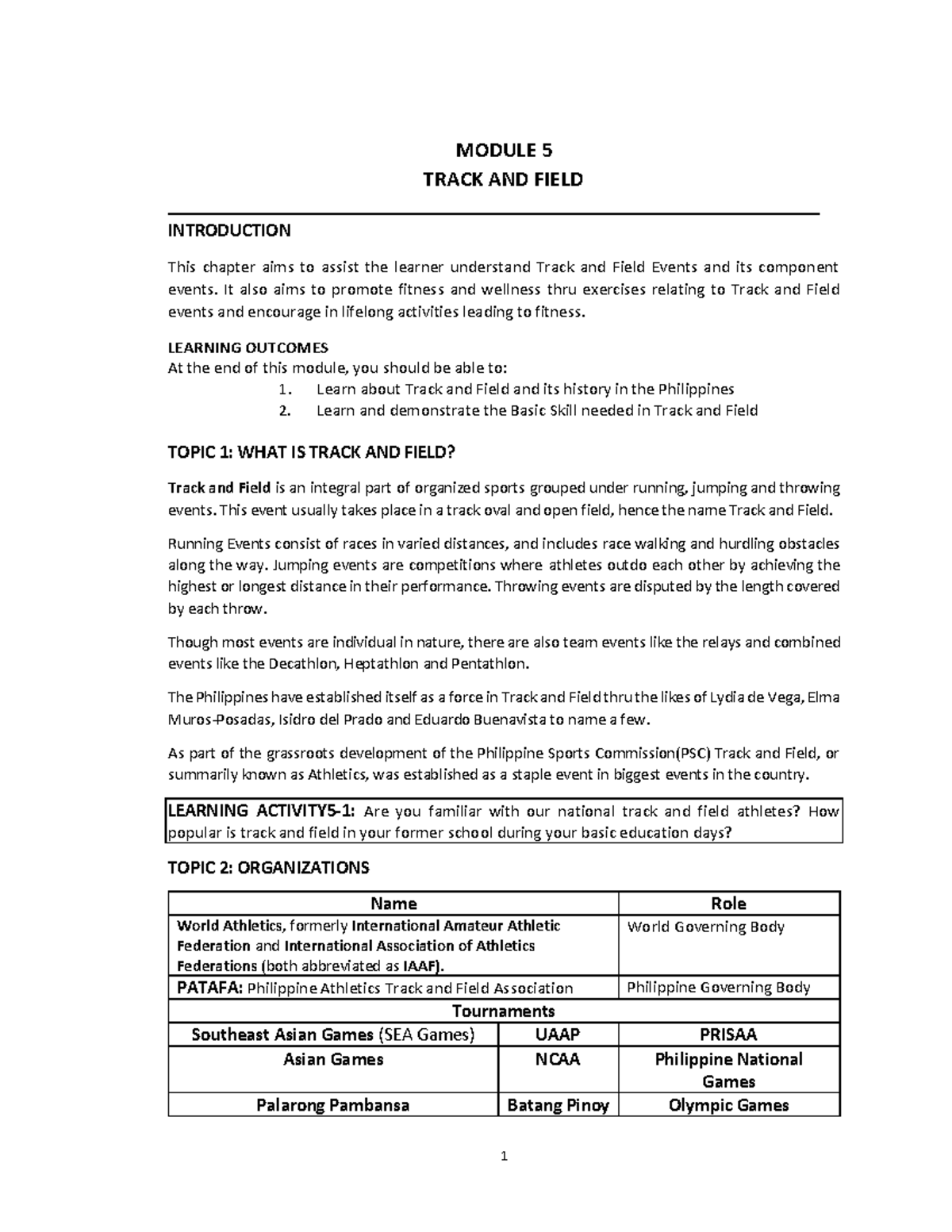 Module 5 in PATH FIT 3 Sports and Games - MODULE 5 TRACK AND FIELD ...