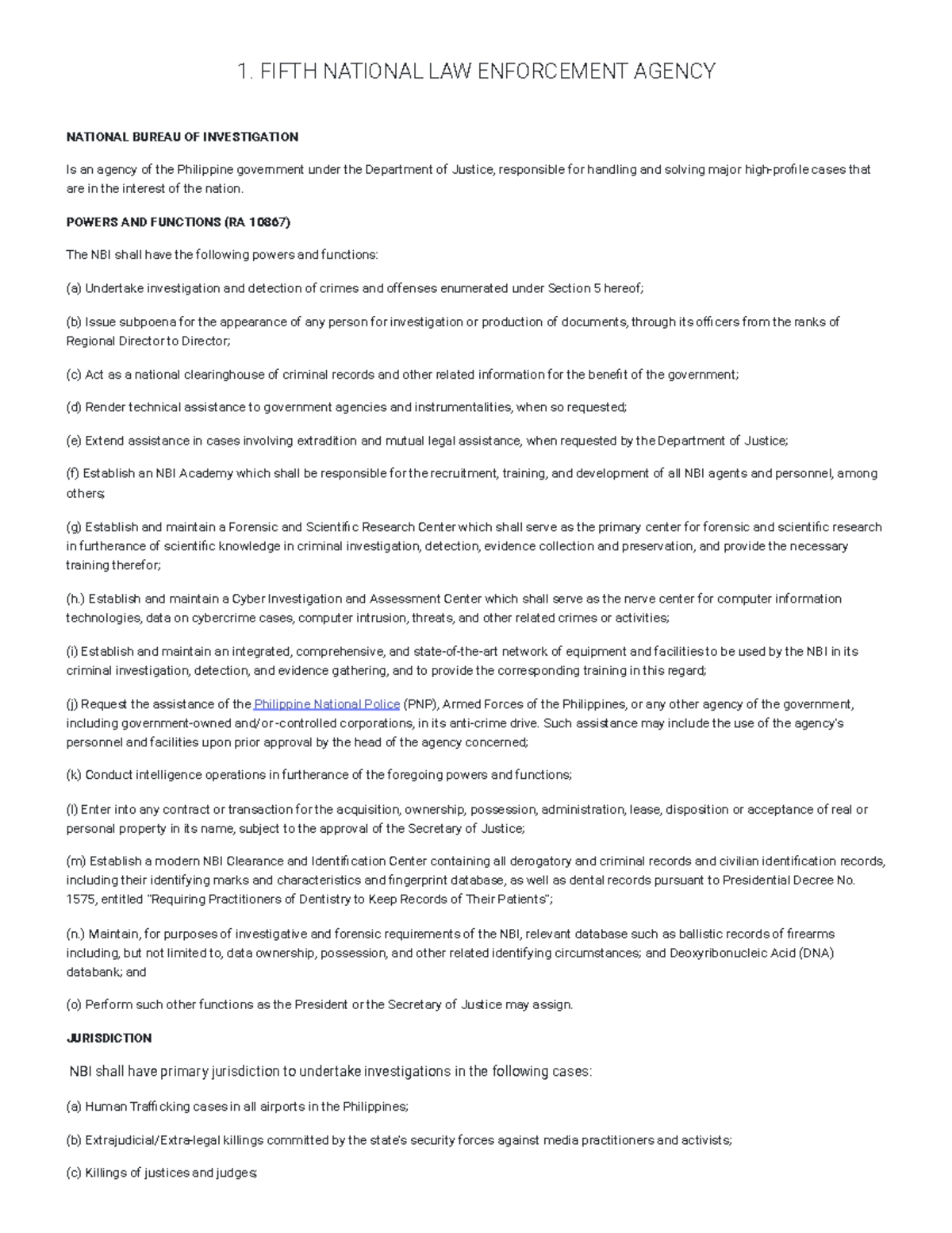 NBI ( National Bureau OF Investigation) - 1. FIFTH NATIONAL LAW ...