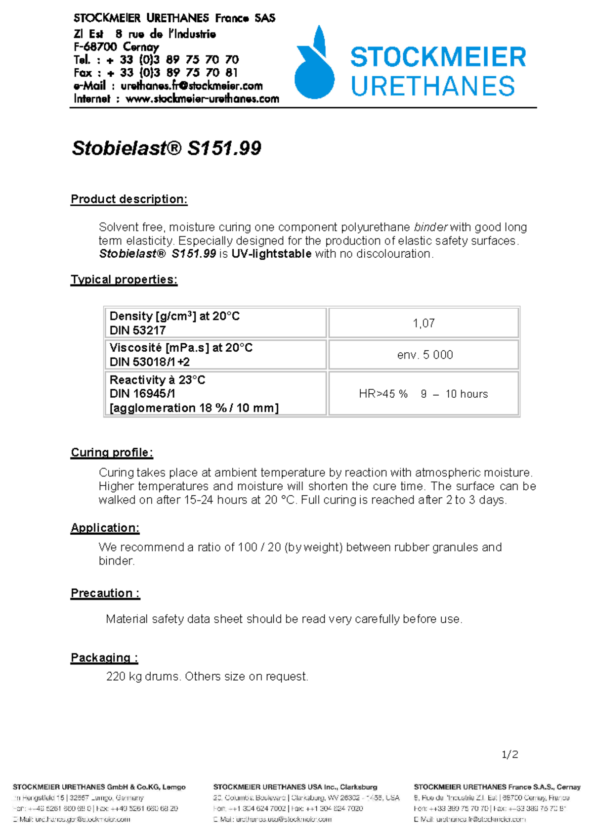Stobielast® S151 Overview - Aliphatic Polyurethane Binder Details - Studocu