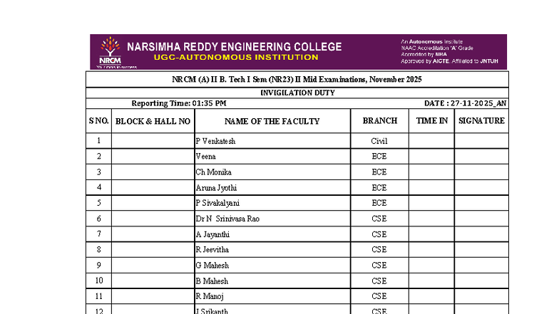 NRCM (A) II B. Tech I Sem (NR23) Mid Exam Duty List - Nov 2025 - Studocu