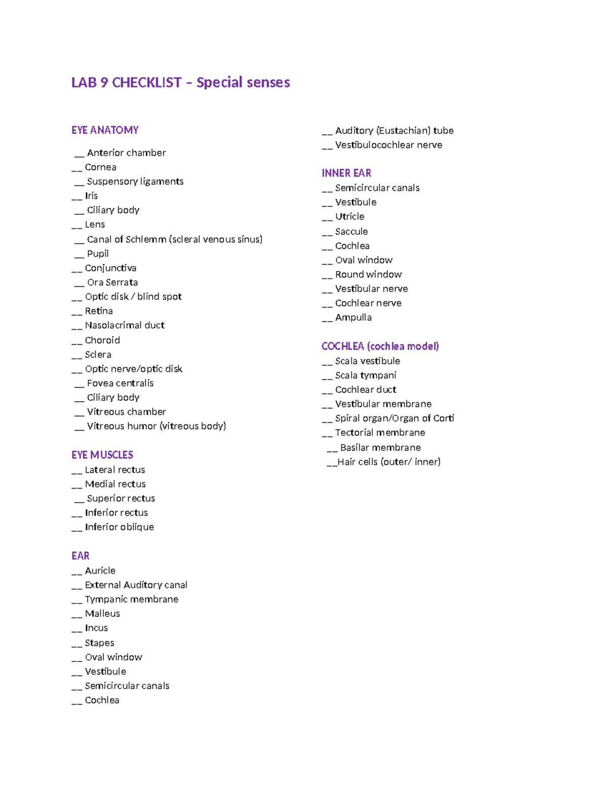 LAB 9 CHECKLIST: Eye and Ear Anatomy and Functions - LAB 9 CHECKLIST ...
