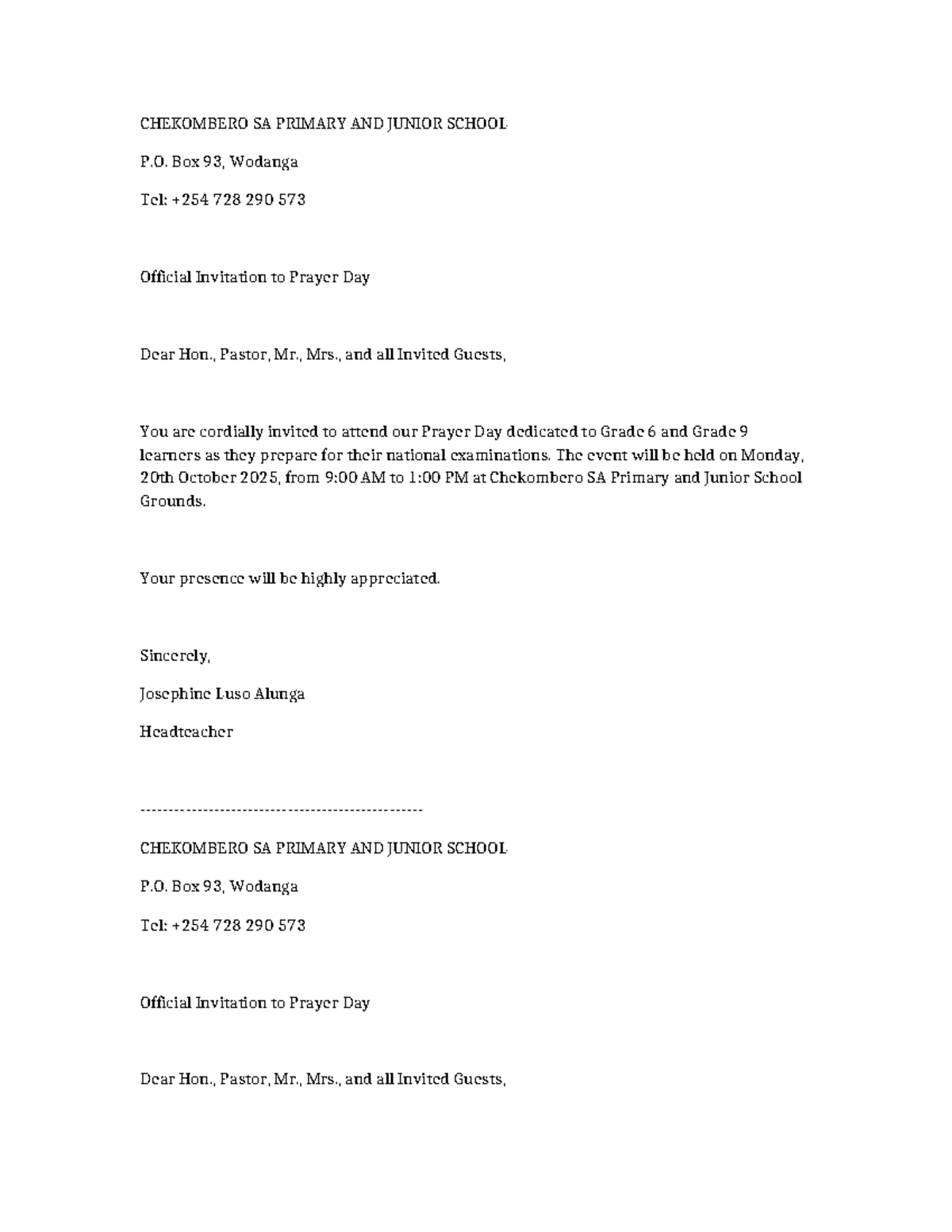 Prayer Day Invitation for Grade 6 & 9 Learners - Chekombero SA - Studocu