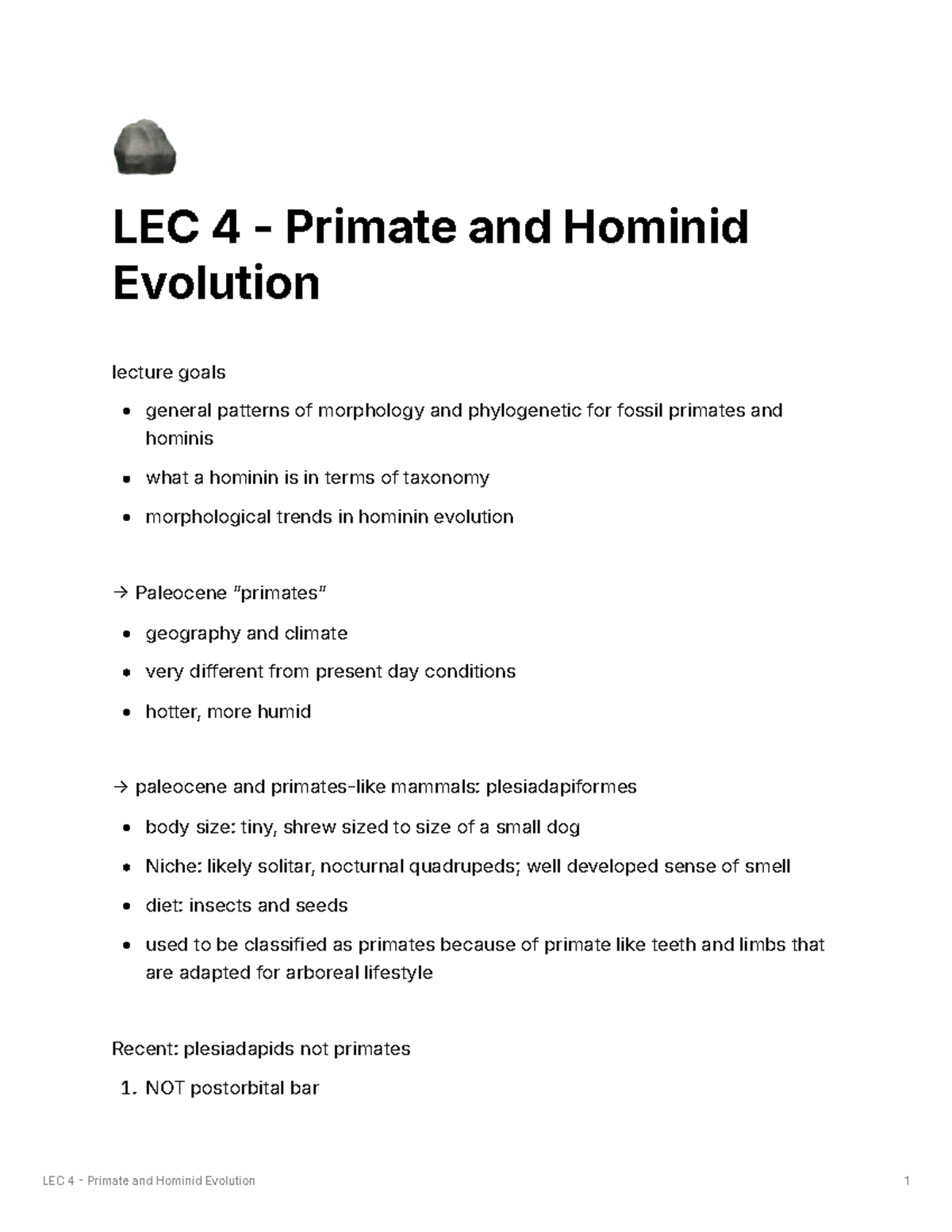 LEC 4 - Primate and Hominid Evolution: Morphology and Phylogeny ...