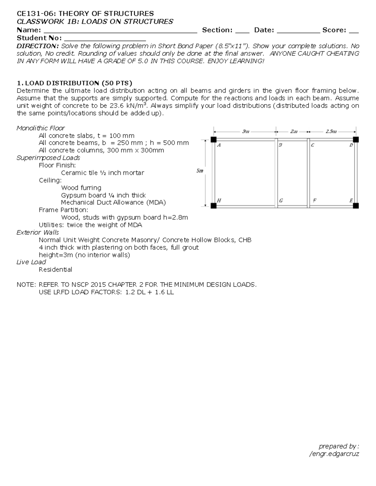 CE 131 Classwork 1B: Analyzing Loads on Structures (50 Pts) - Studocu