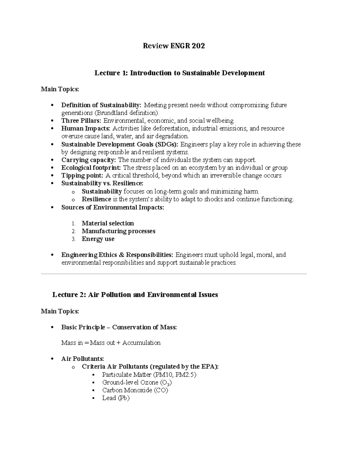 Final Exam Review ENGR 202: Sustainable Development & Air Pollution - Studocu