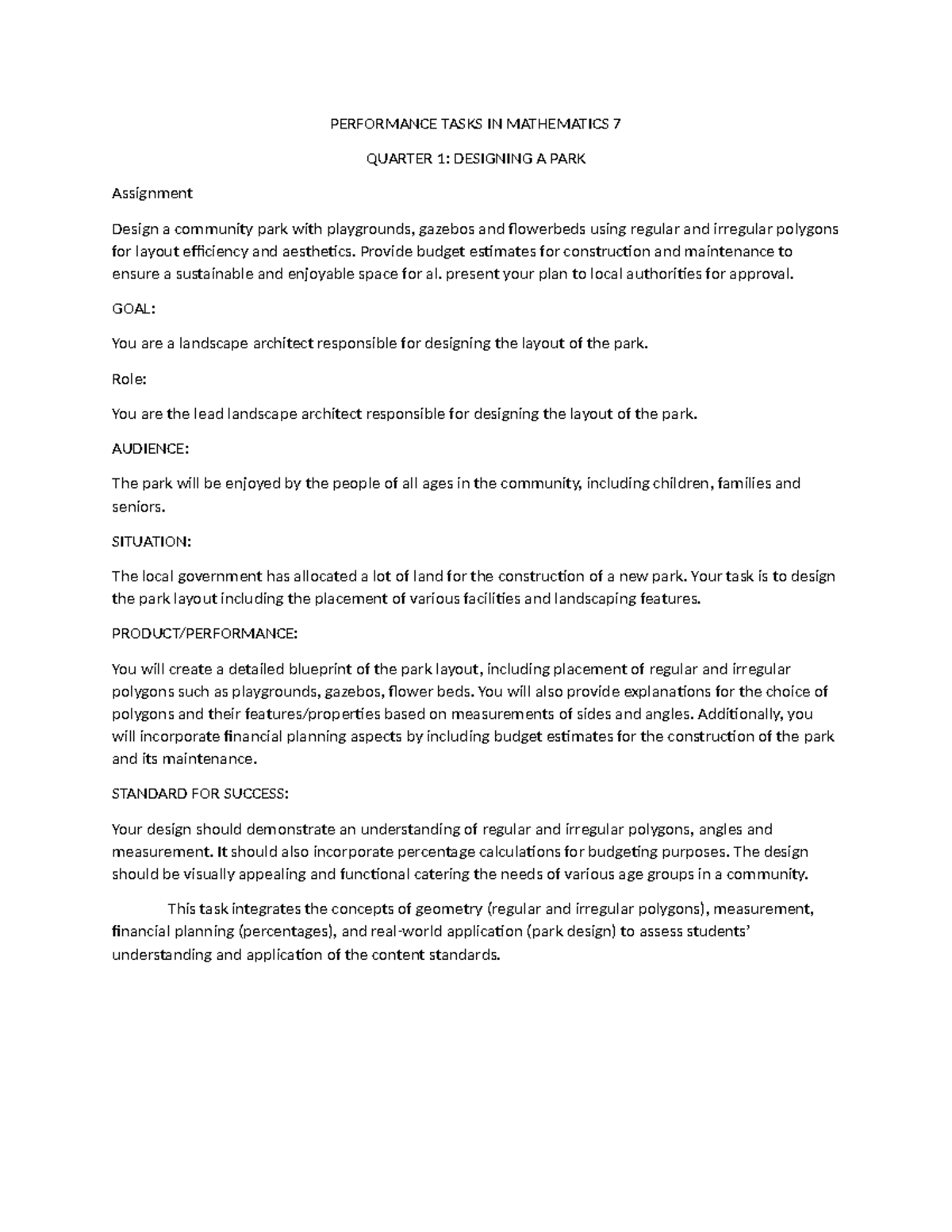 Mathematics 7 Performance Task: Designing a Community Park & Game - Studocu