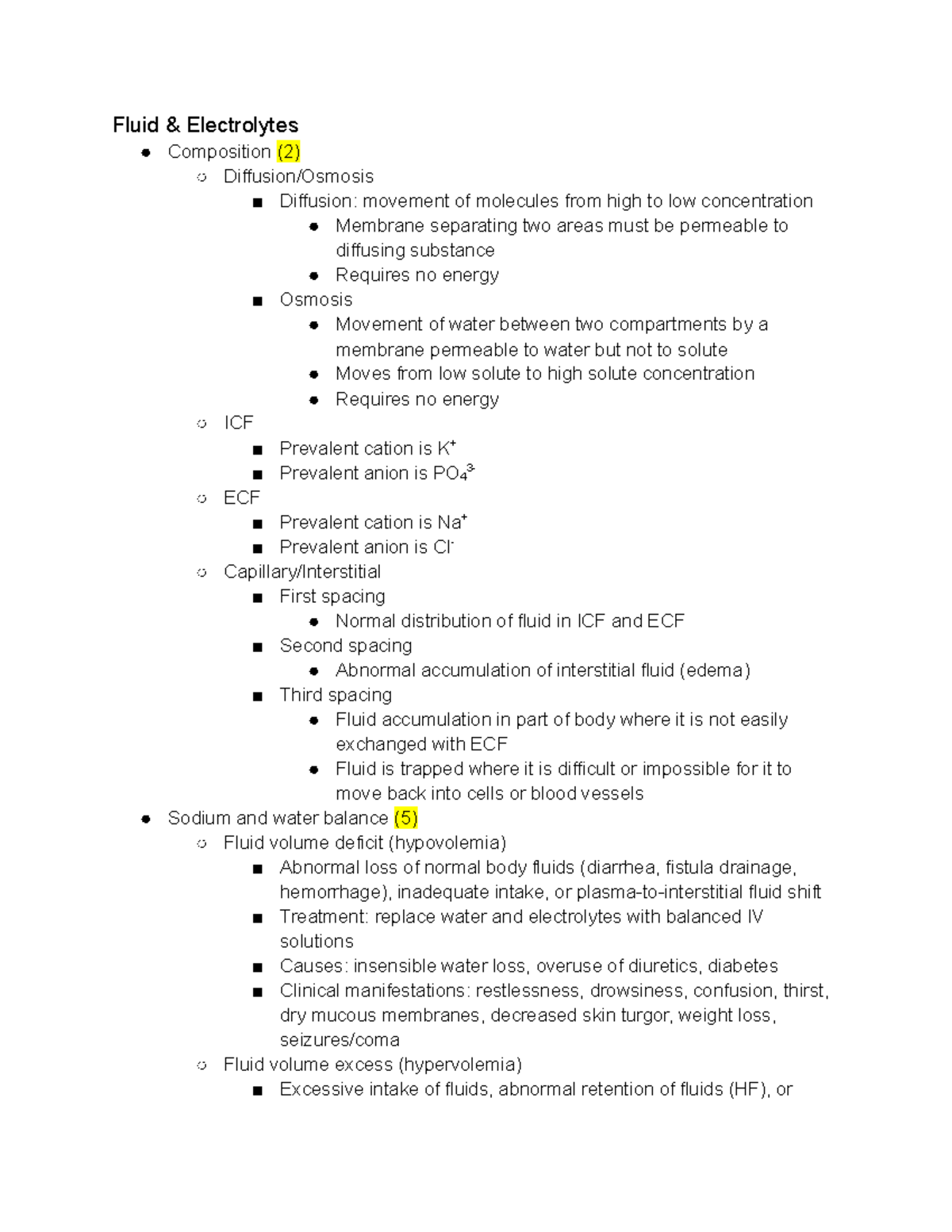 Patho Pharm EXAM 2 Study Guide - Fluid & Electrolytes Composition (2 ...