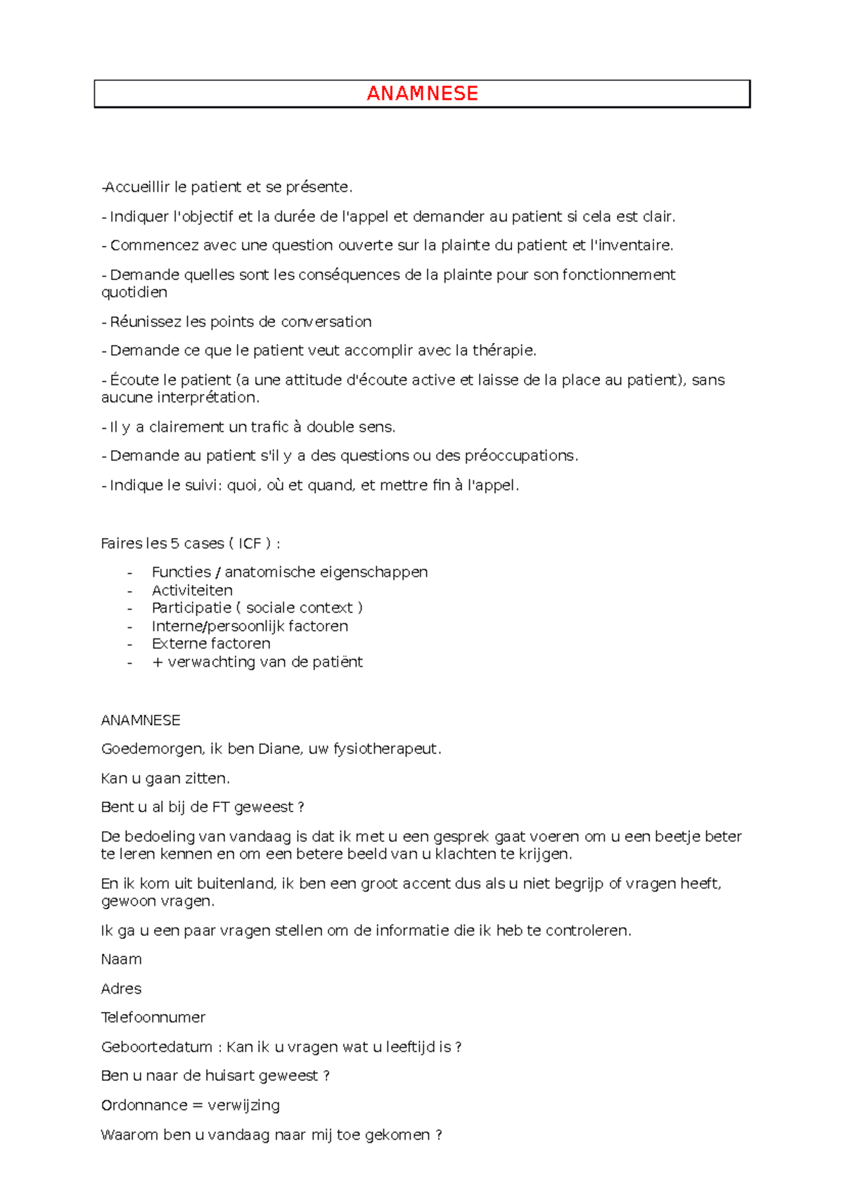 Anamnese Samenvatting Fysiotherapie - Patiënt Interview en Evaluatie ...