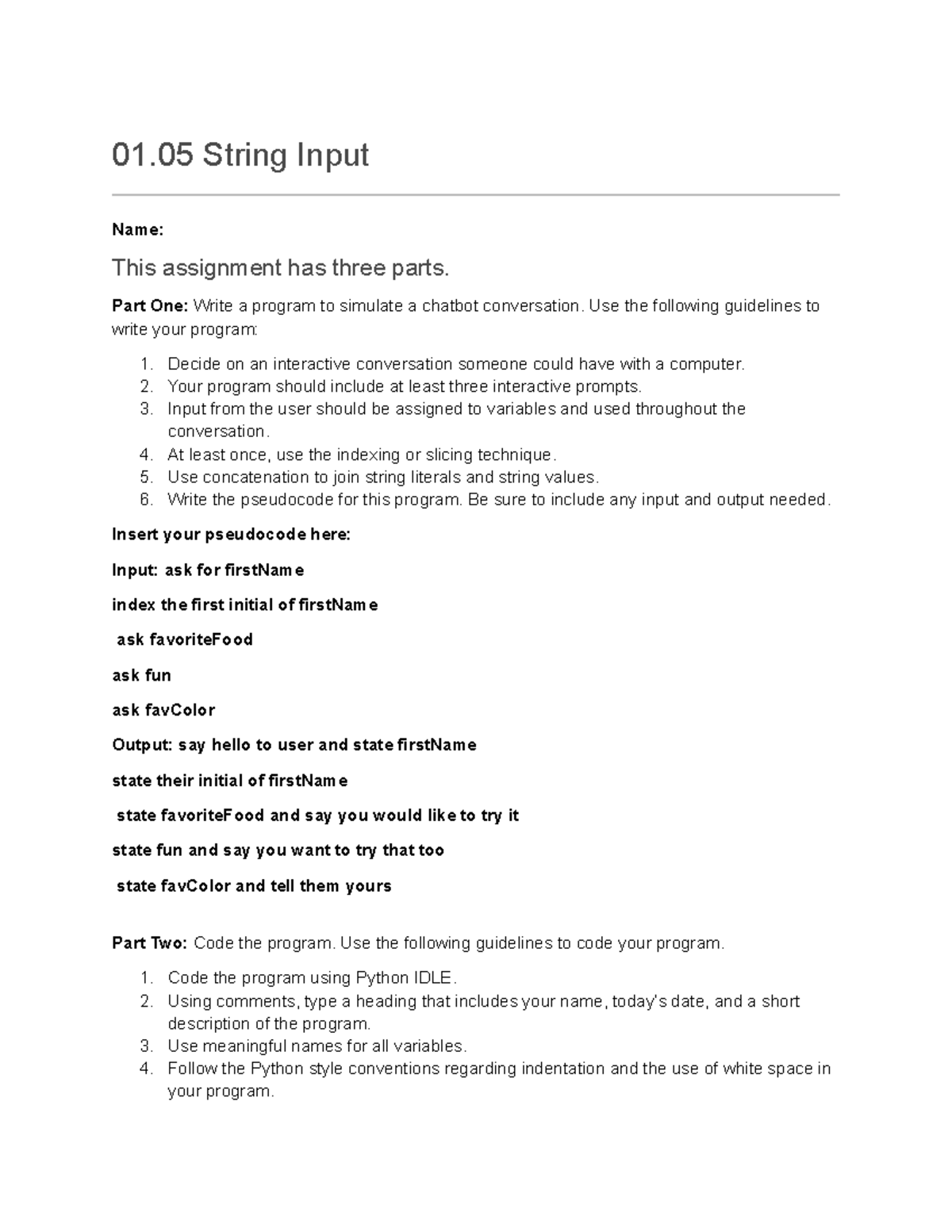 01.05 String Input: Chatbot Program Assignment Overview - Studocu