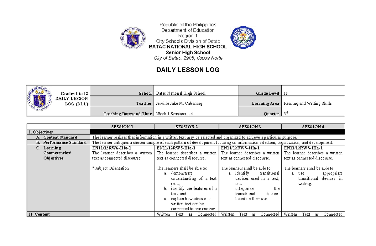 Daily Lesson Log (DLL) for Reading and Writing Skills - Grade 11 - Studocu