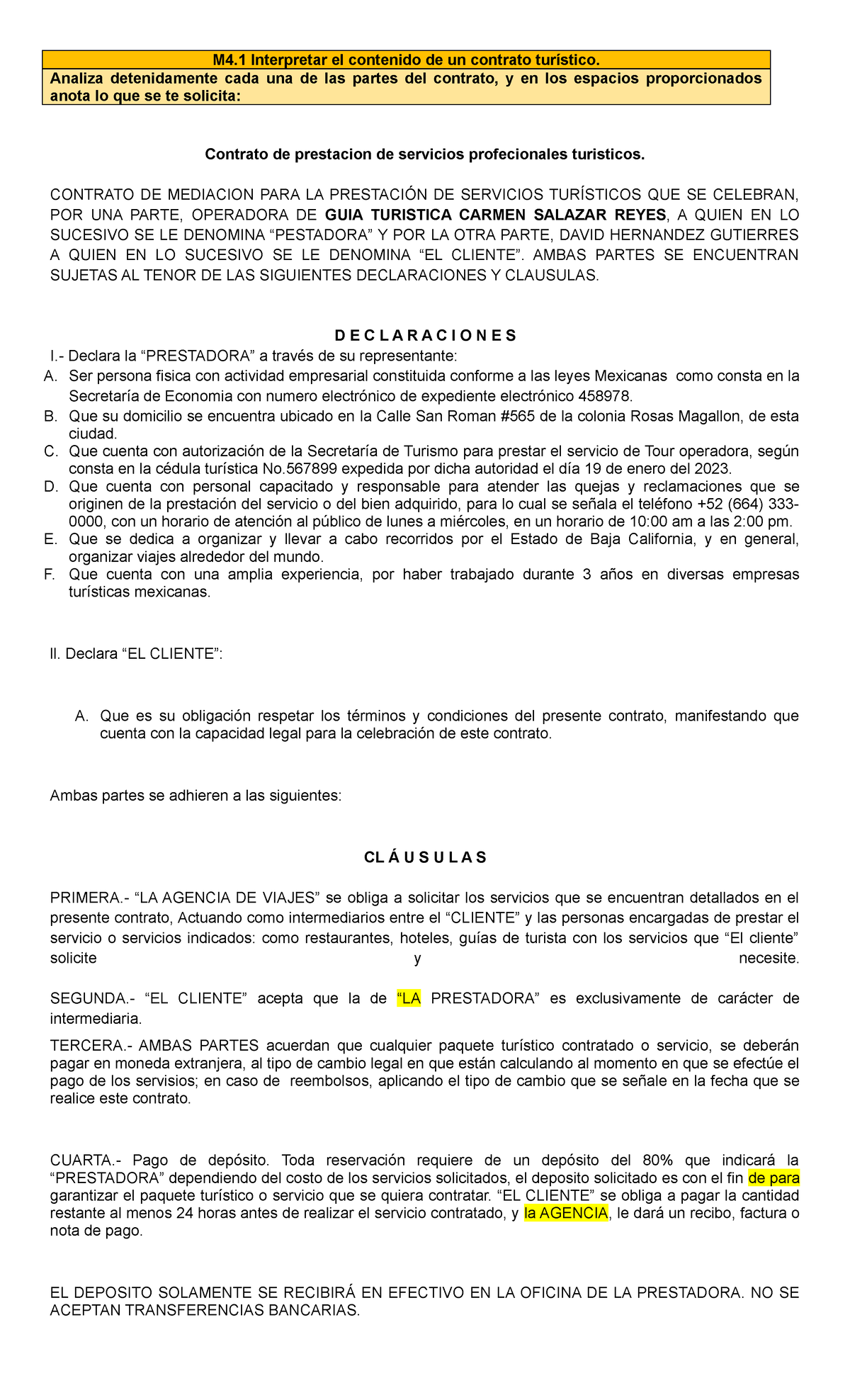 Contrato Turistico - M4 Interpretar el contenido de un contrato turístico. Analiza detenidamente ...