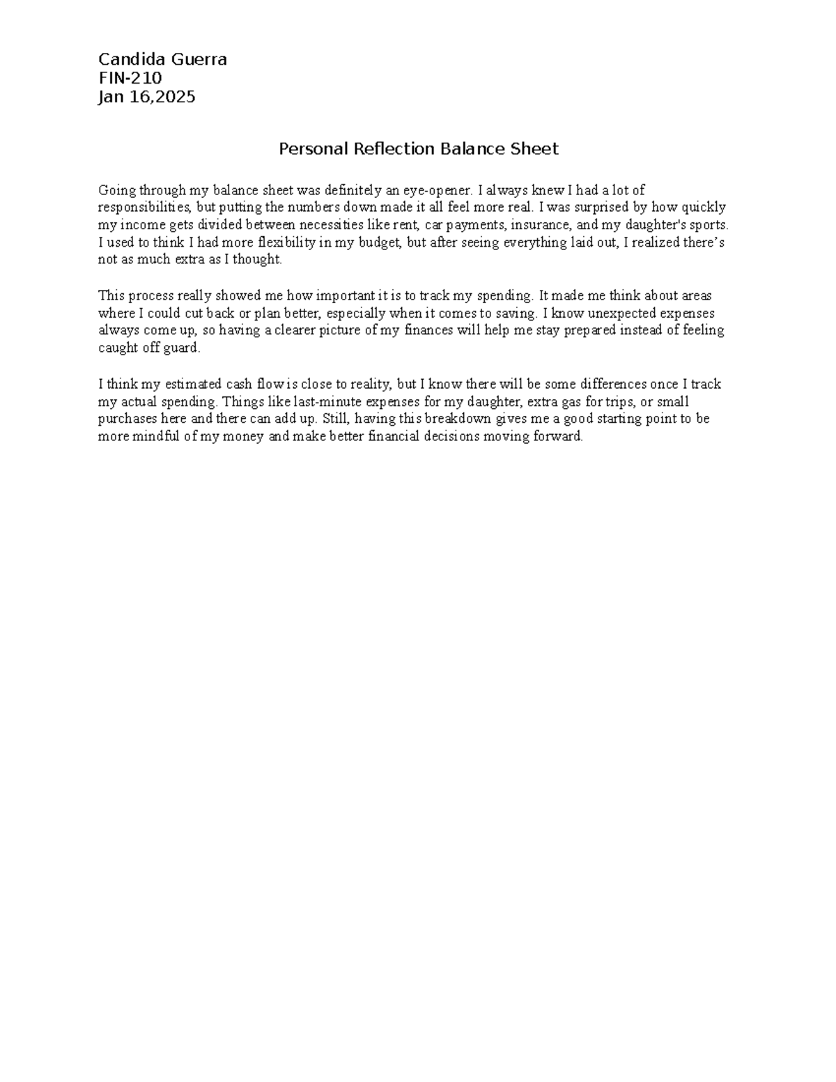 Personal Reflection Balance Sheet - Insights on Budgeting and Spending ...