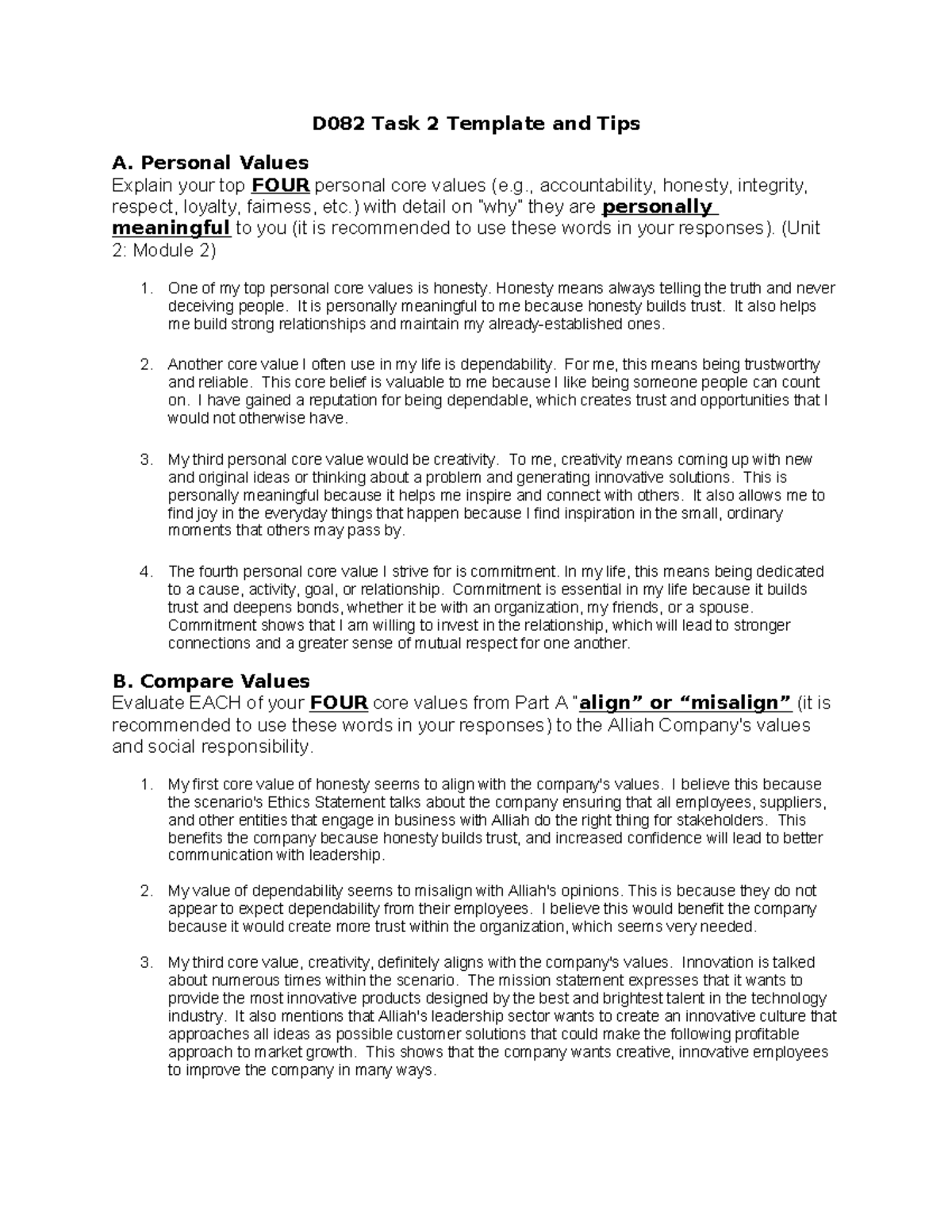 D082 Task 2: Personal Core Values and Cultural Intelligence Insights - Studocu