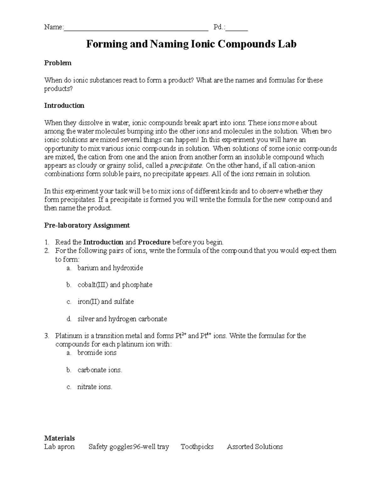Forming and Naming Ionic Compounds Lab (Chem 101) - Studocu