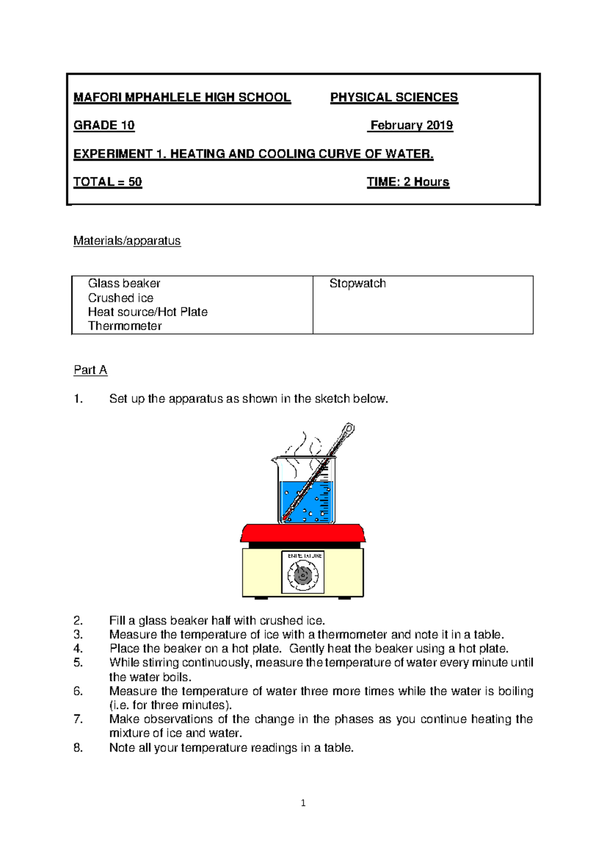 Grade 10 Physical Sciences Experiment 1: Heating and Cooling Curve ...