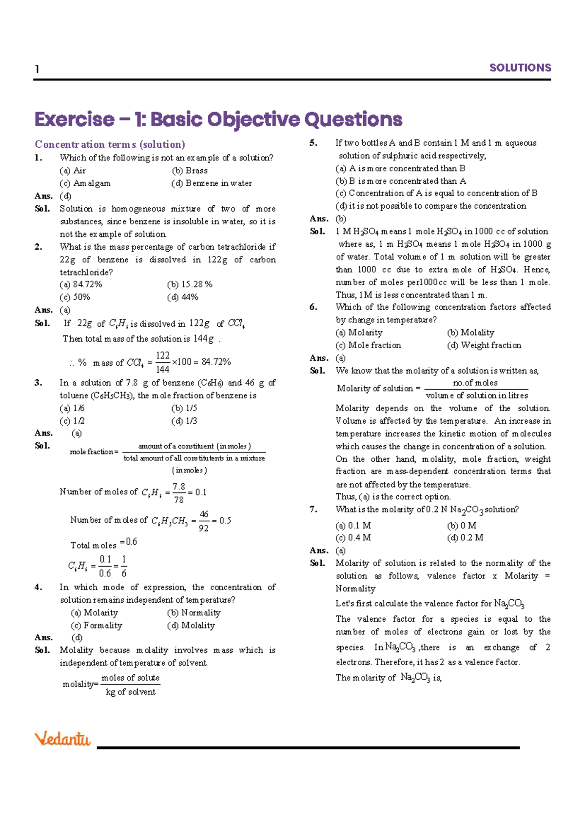 Solutions - EX-1: Basic Objective Questions on Concentration Terms ...