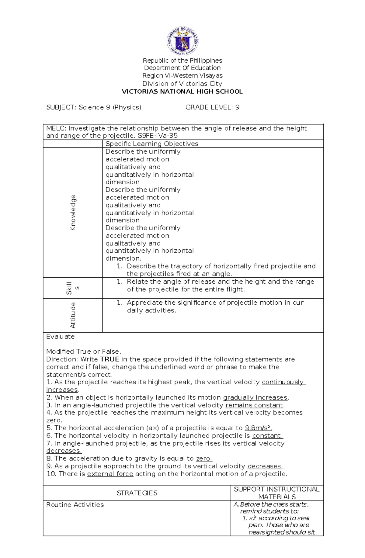 2D Projectile Motion Lesson Plan (Science 9) - Studocu