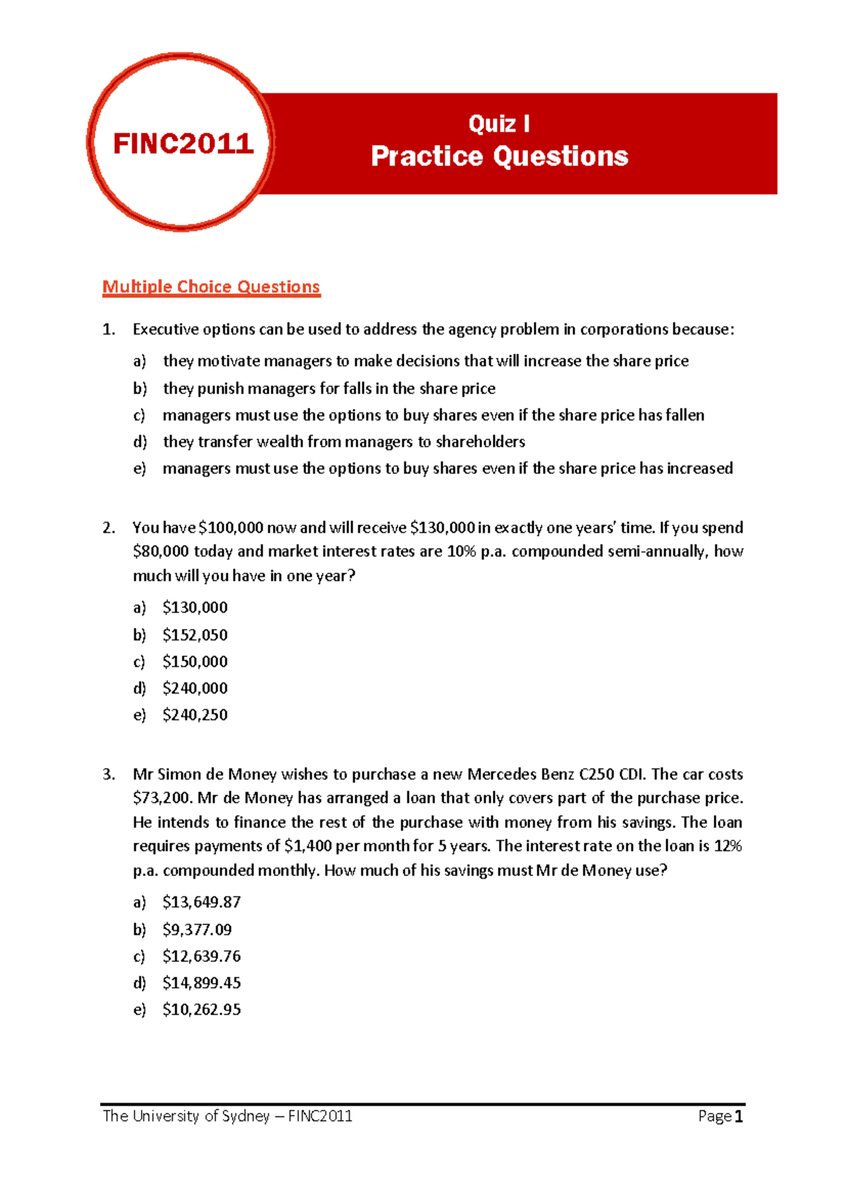 FINC2011 S2 2020 Quiz1 Practice Questions - Quiz I Practice Questions ...