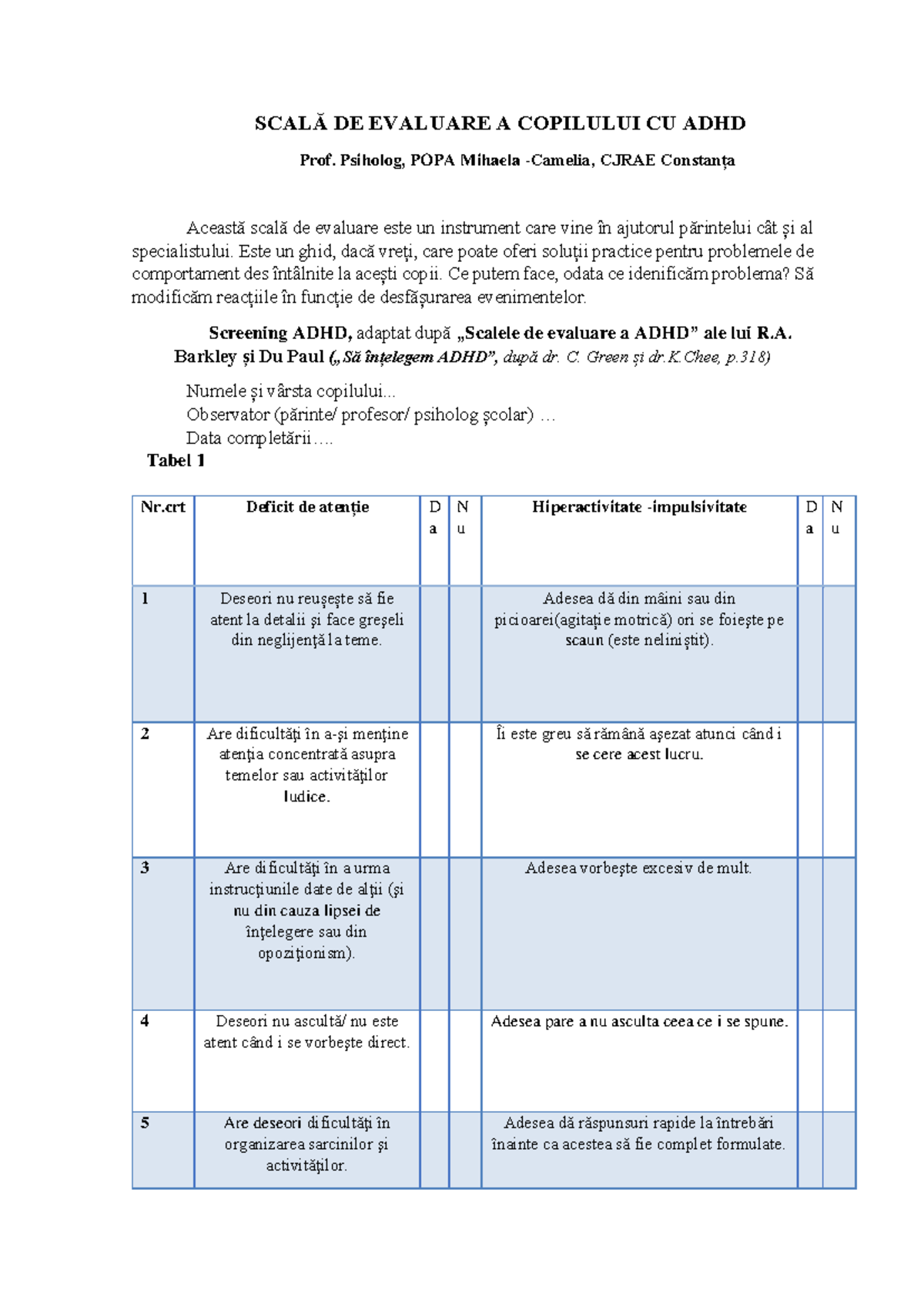 SCALĂ DE EVALUARE A COPILULUI CU ADHD - Ghid Practic - Studocu