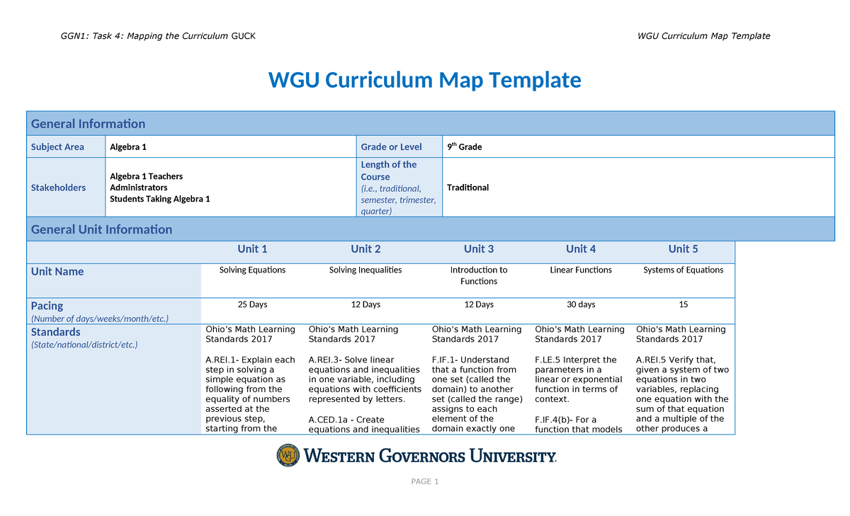 GGN1 Task 4 Maps the Curriculum GUCK - WGU Curriculum Map Template ...