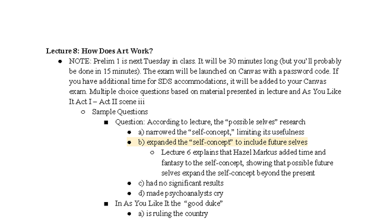 Lecture 8: How Does Art Work? - Prelim 1 Study Guide - Studocu