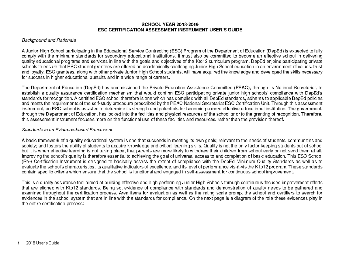 2018 ESC Certification Assessment Instrument User's Guide by PEAC - Studocu
